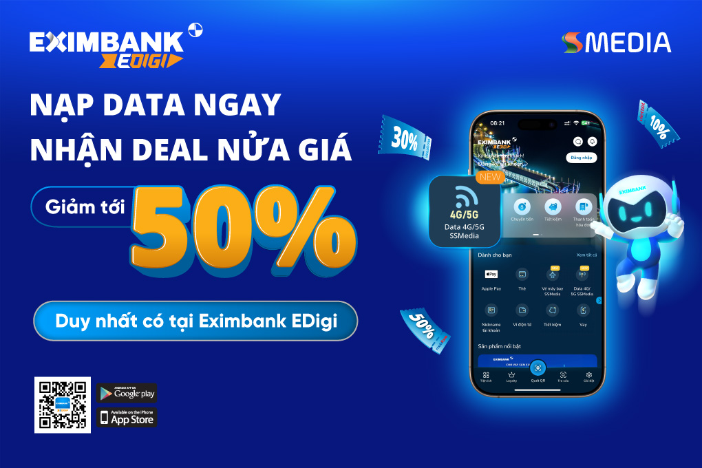 Ưu đãi Data giảm đến 50% khi nạp trên ứng dụng Eximbank EDigi